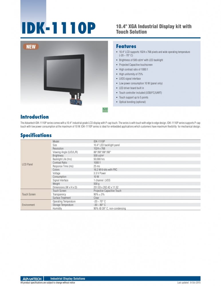 ADVANTECH IDK-1110P-50XGA1E technical document page 1