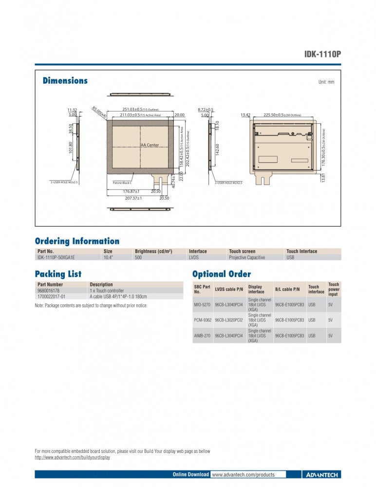 ADVANTECH IDK-1110P-50XGA1E technical document page 2