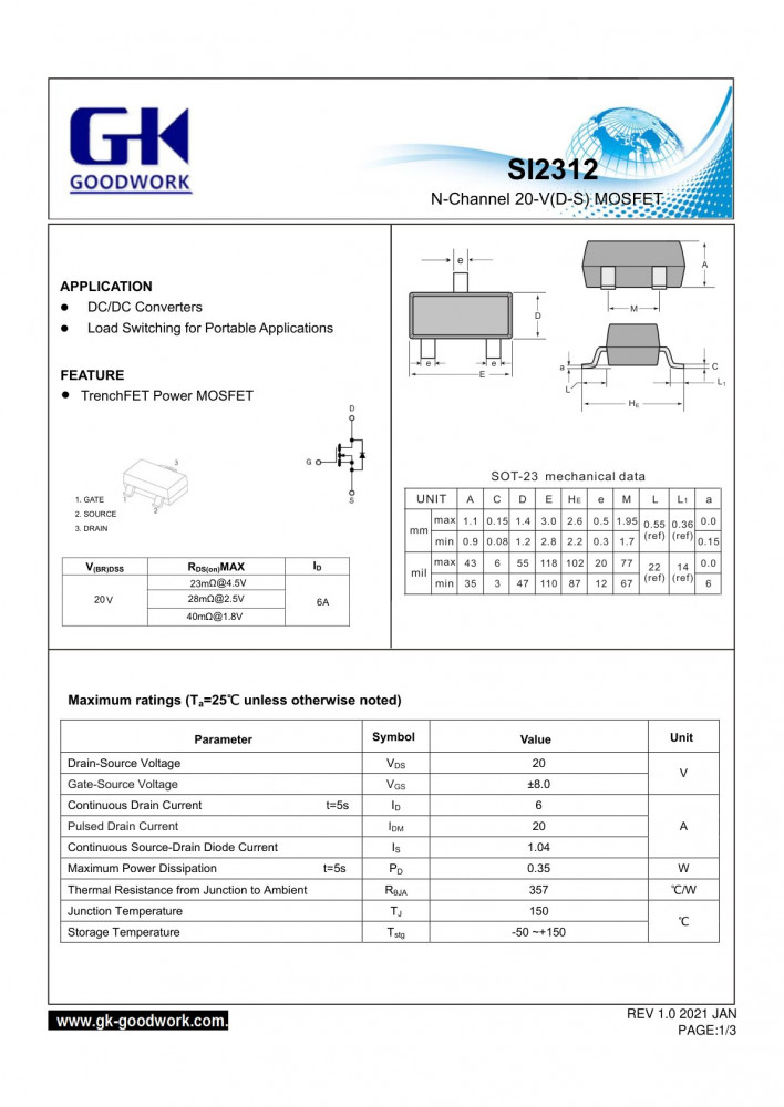 SI2312 technical document page 1