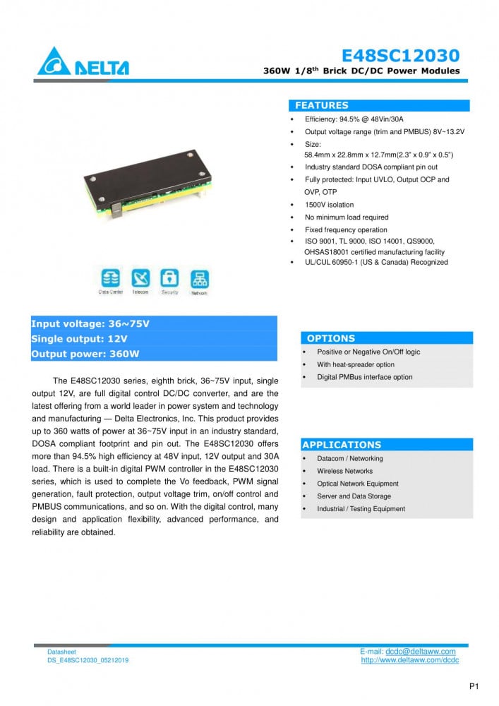 DELTA E48SC12030NRFH datasheet page 1