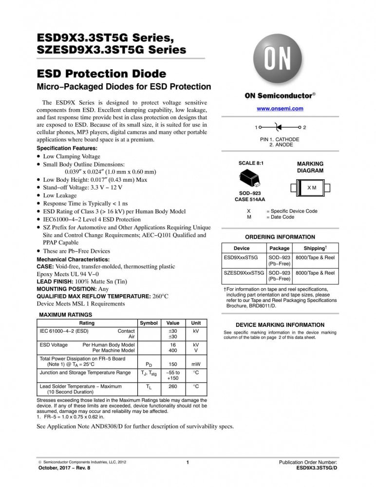 SZESD9X5.0ST5G datasheet page 1