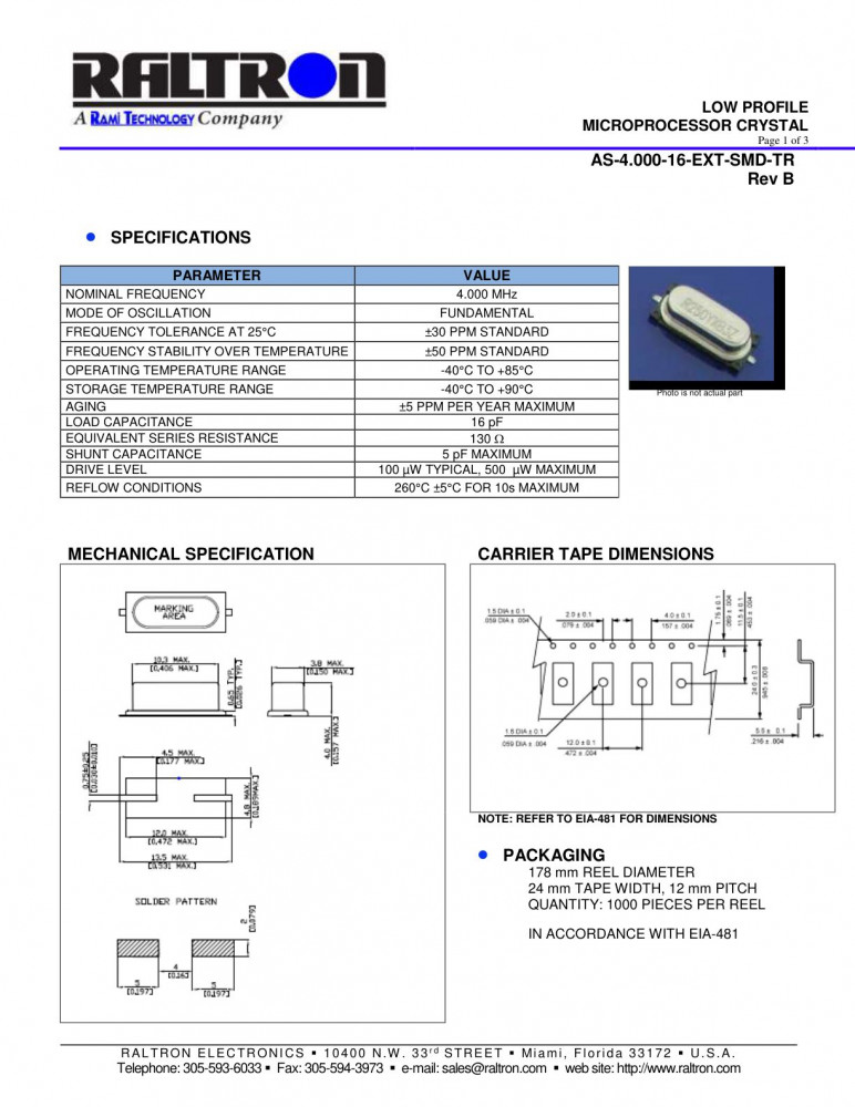 Raltron AS-4.000-16-EXT-SMD-TR technical document page 1