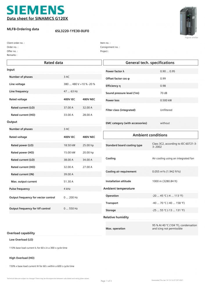6SL32201YE300UF0 technical document page 1
