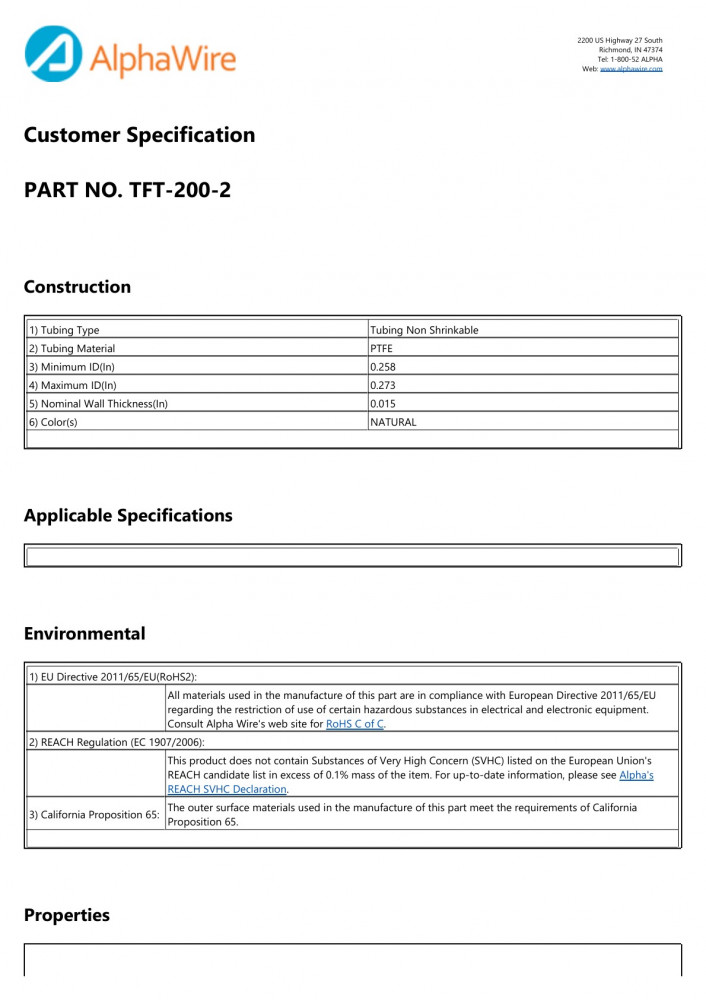 Alpha Wire TFT2002 NA005 technical document page 1
