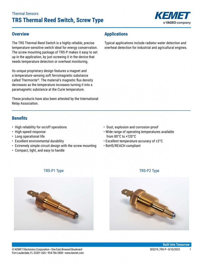 KEMET TRS thermal reed switch datasheet page 1