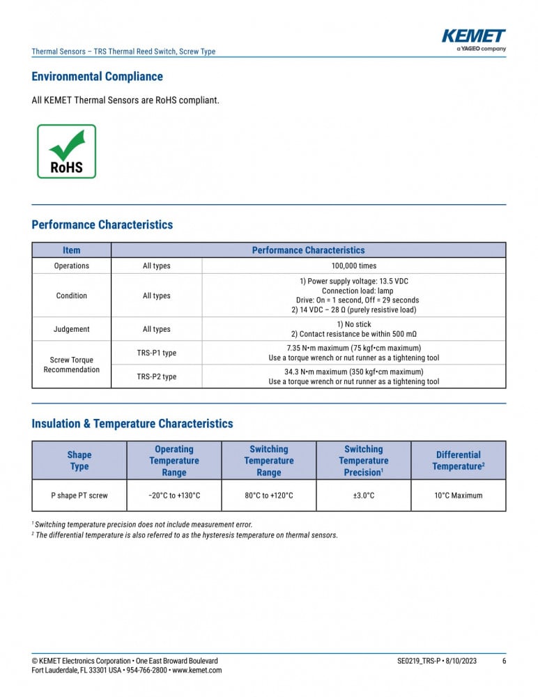 KEMET TRS thermal reed switch datasheet page 6