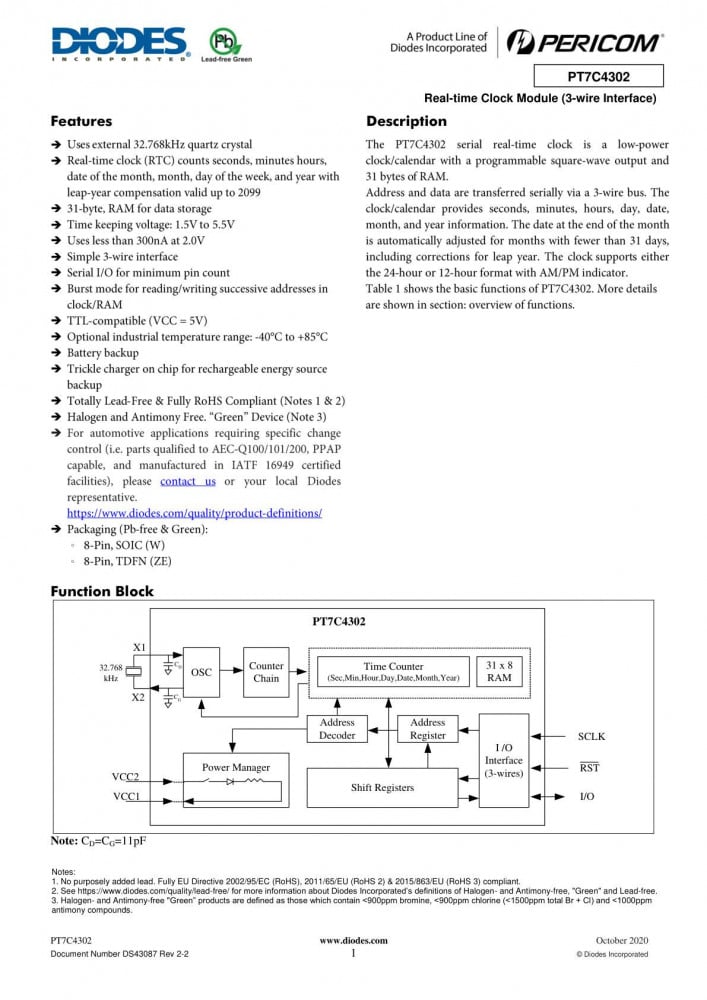 PT7C4302WEX datasheet page 1