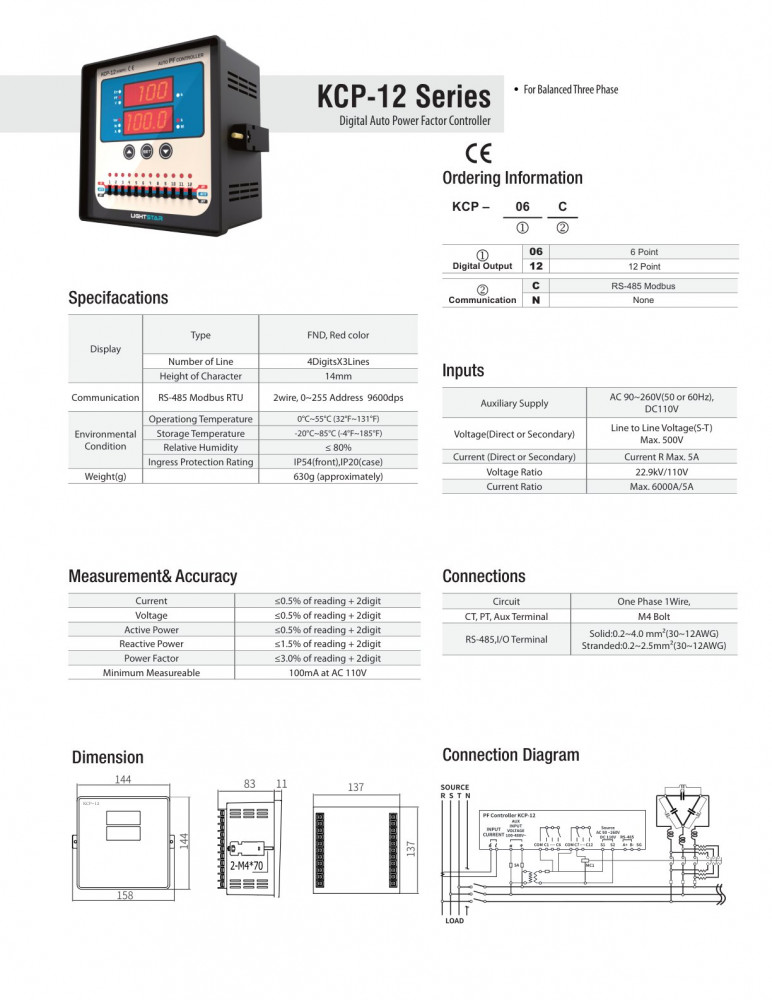 KCP Series digital auto power factor controller datasheet page