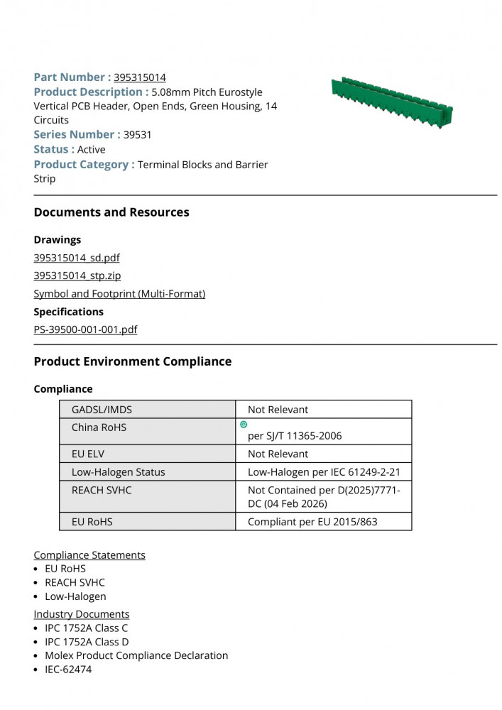 MOLEX 395315014 technical document page 1