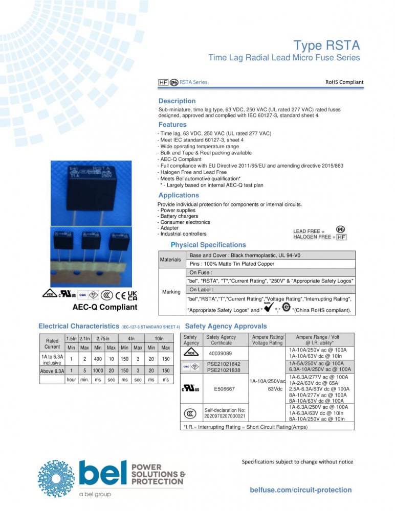 Bel Fuse RSTA datasheet page 1