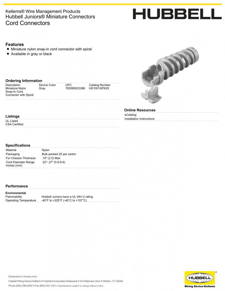 HS1001GPK25 miniature nylon snap-in cord connector product documentation image