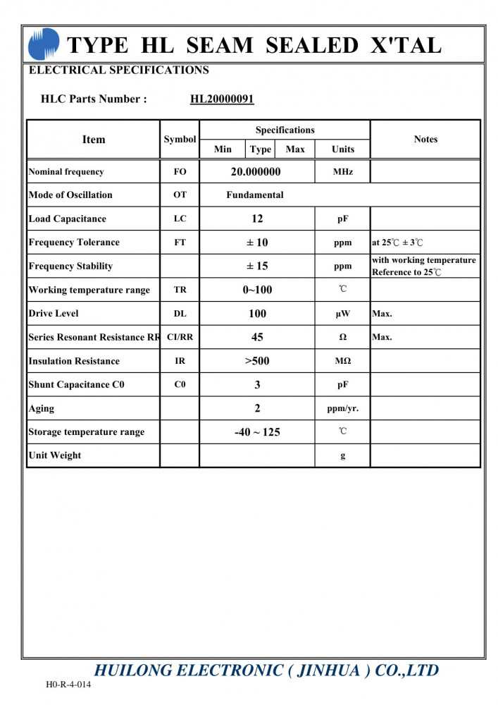 HL20000091 specification page 2