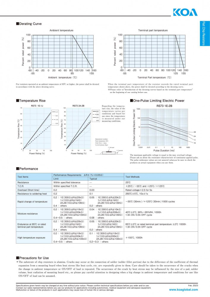 KOA RS73 high reliability chip resistor datasheet page 2
