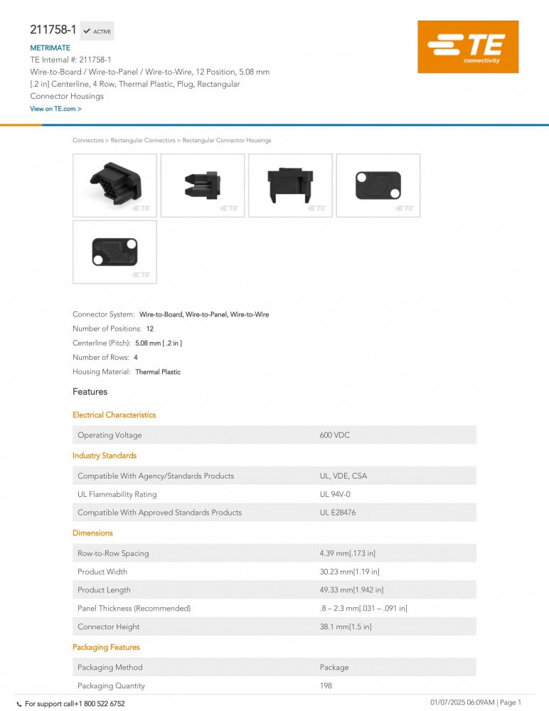 TE Connectivity 211758-1 technical drawing page 1