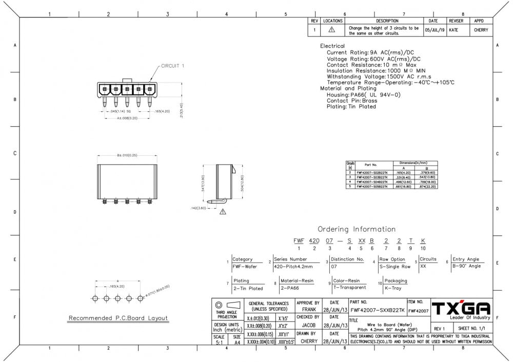 TXGA FWF42007-S02B22TK technical drawing and specification page