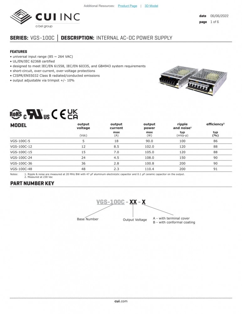 CUI VGS-100C-48-A datasheet page 1
