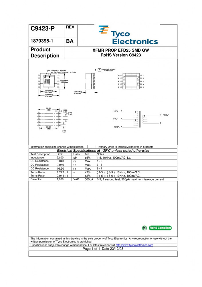 C9423-P EFD25 SMD transformer specification drawing
