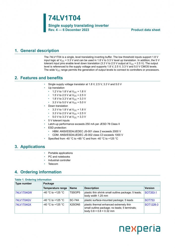 74LV1T04GWH datasheet page 1