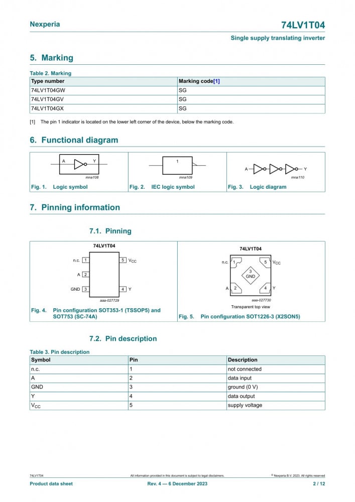 74LV1T04GWH datasheet page 2