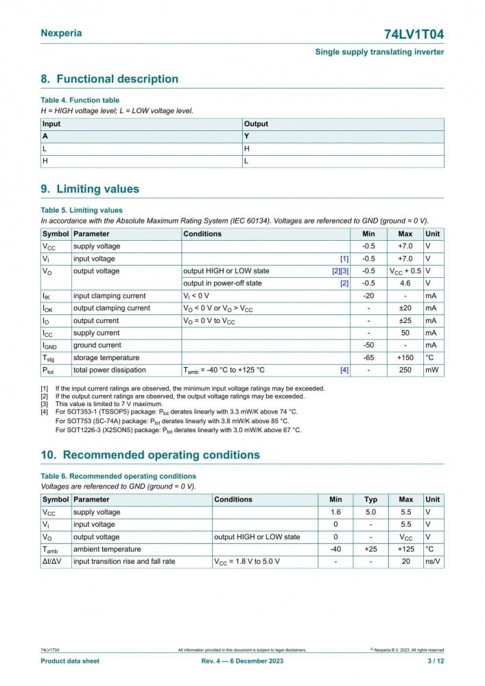 74LV1T04GWH datasheet page 3
