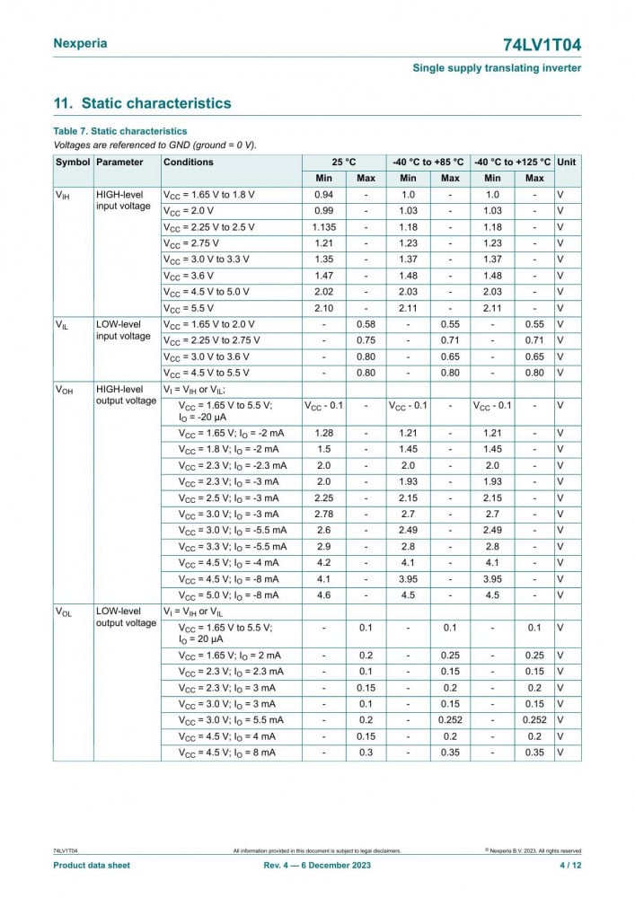 74LV1T04GWH datasheet page 4