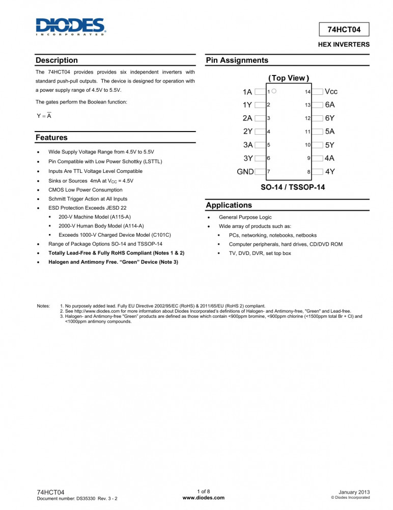 74HCT04T14-13 datasheet page 1