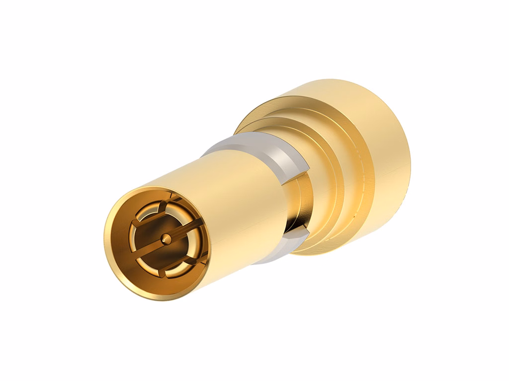 DIN 1.0/2.3 Plug, Straight, Crimp, Belden 1855A Cable, Push-pull Coupling, Brass Body, Nickel (Ni) Plated, Tray, 75 Ohms