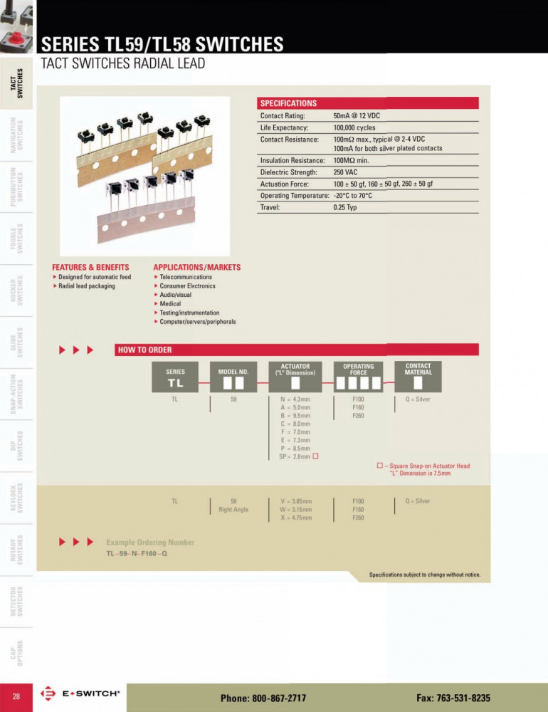 E-Switch TL59 and TL58 tactile switch specification page