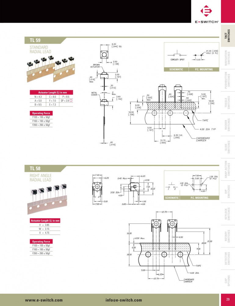 E-Switch TL59 and TL58 radial lead dimensional page