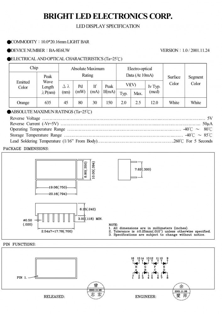 BA-8E6UW specification document, page 1