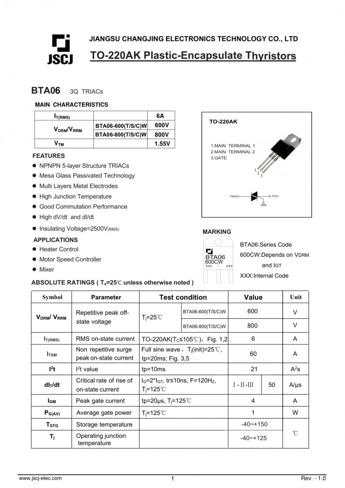 BTA06-800CW datasheet page 1