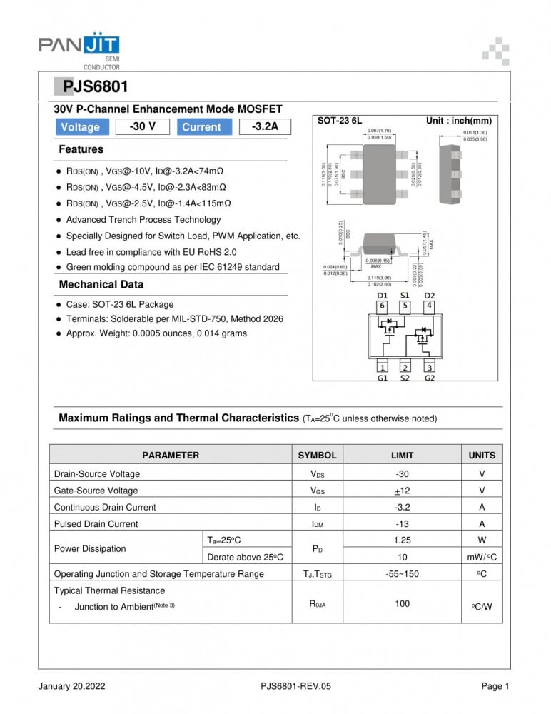 PJS6801 datasheet page 1