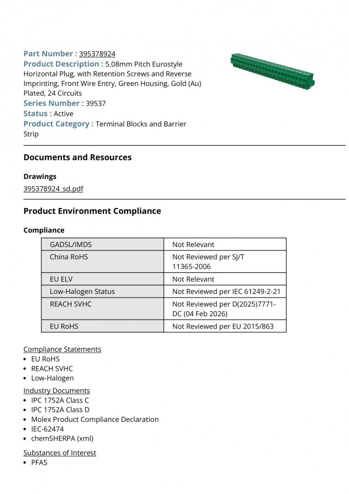 Molex 39537 series drawing, page 1