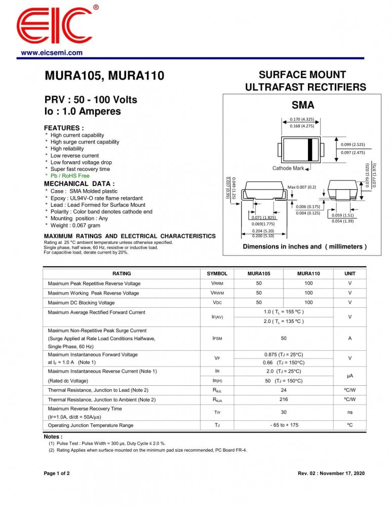EIC MURA110 datasheet page 1