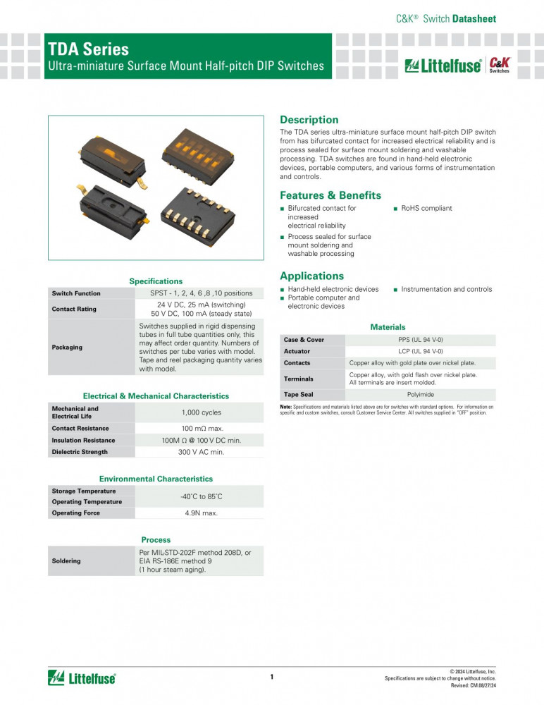 C&K TDA series specification page
