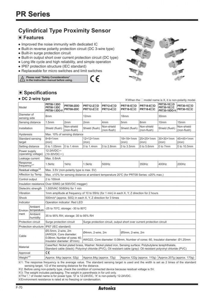 Autonics PR series datasheet page 1