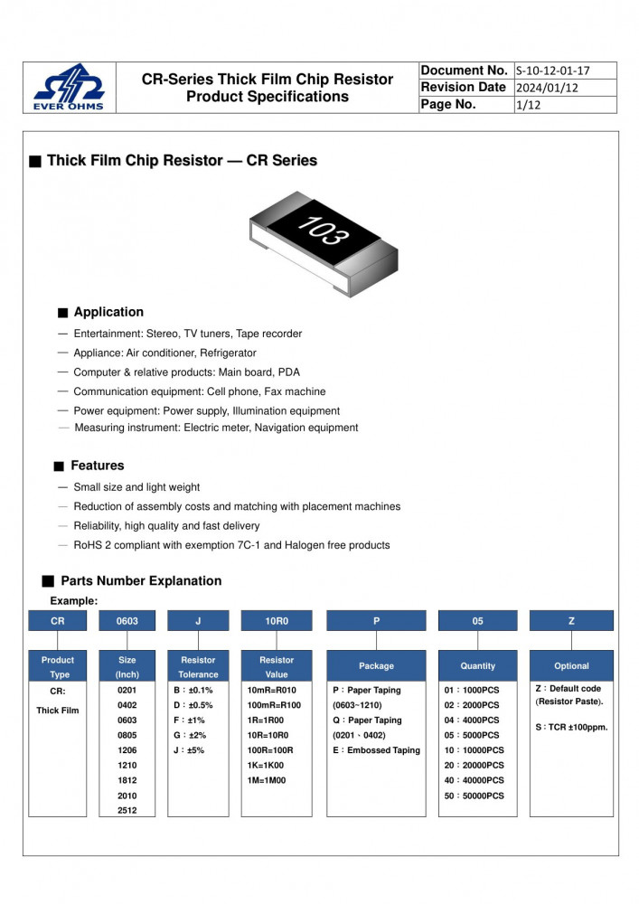 EVER OHMS CR Series specification page 1
