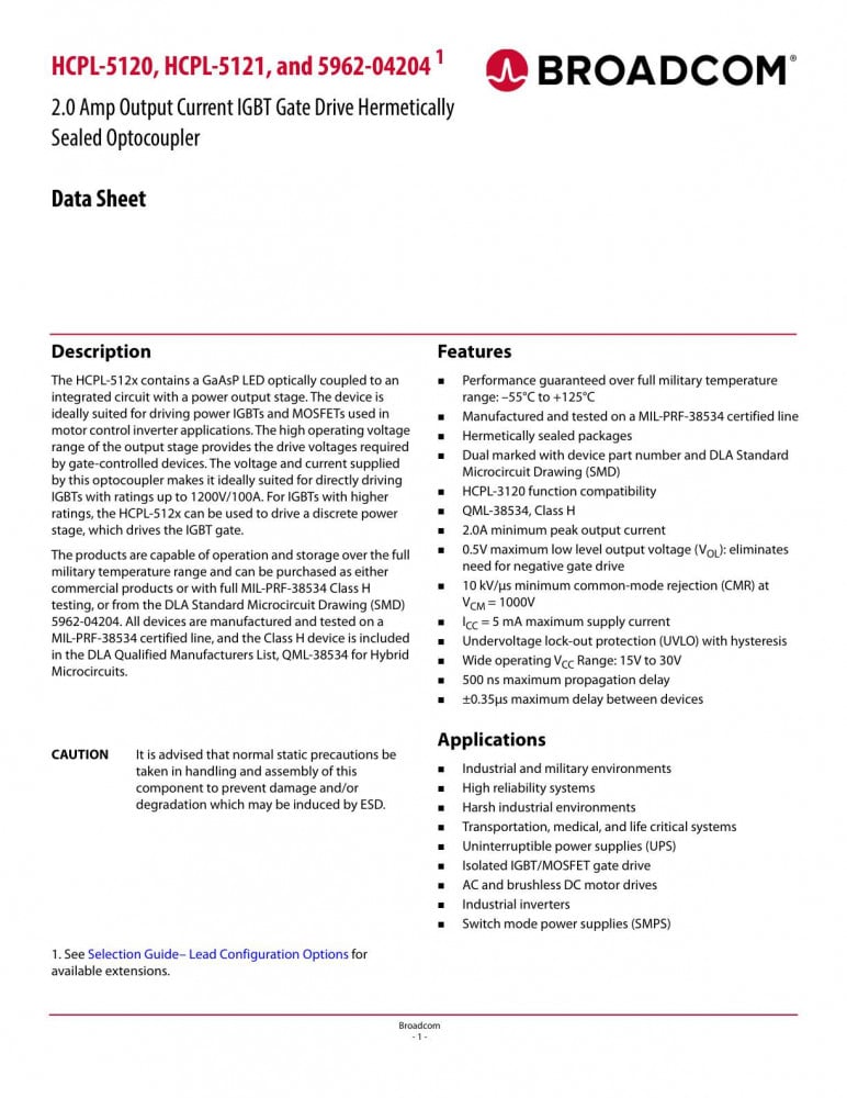 HCPL-5120-300 datasheet page 1