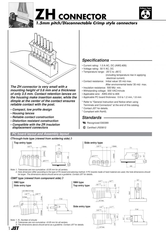 JST ZH series datasheet page 1