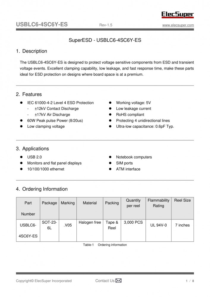 USBLC6-4SC6Y-ES datasheet page 1