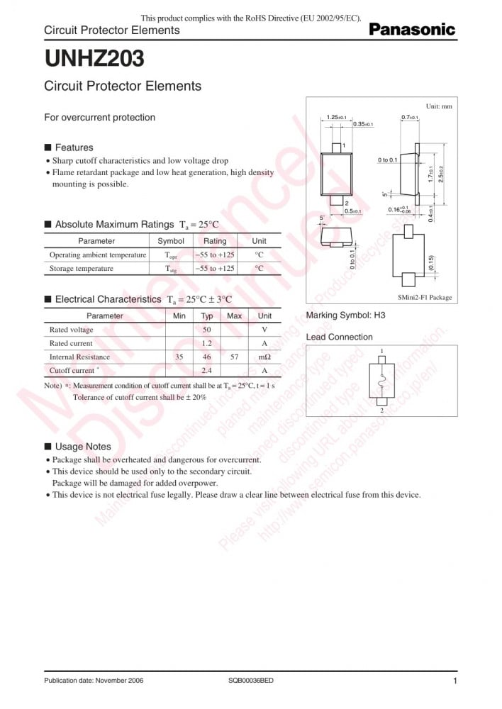 UNHZ20300L technical document page 1