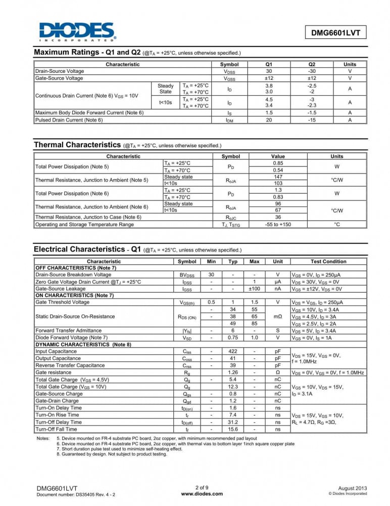DMG6601LVT-7 datasheet page 2
