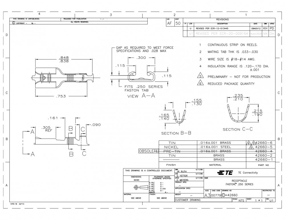 TE Connectivity 42660-1 FASTON 250 Series customer drawing