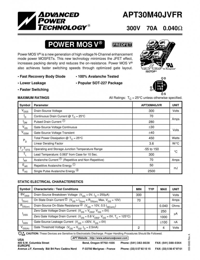 APT30M40JVFR technical document page 1