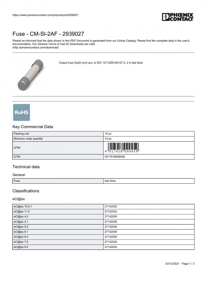 Phoenix Contact 2939027 technical document page 1