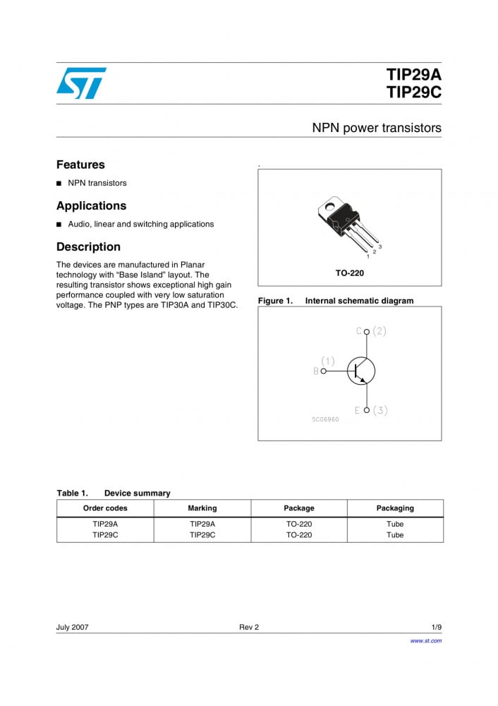 TIP29C datasheet page 1