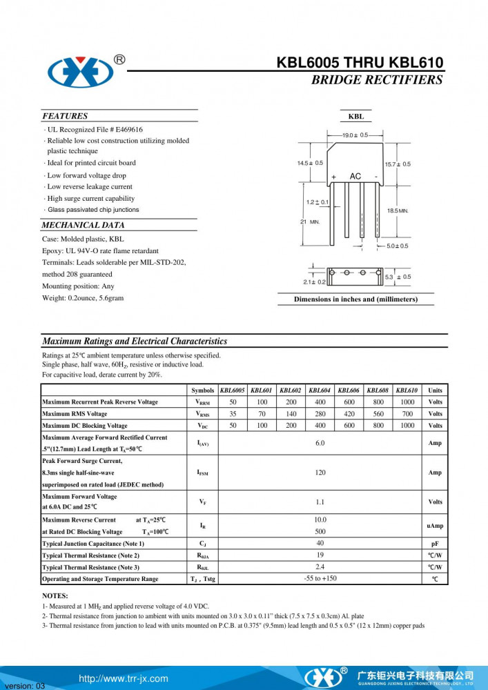 JUXING KBL610 datasheet page 1