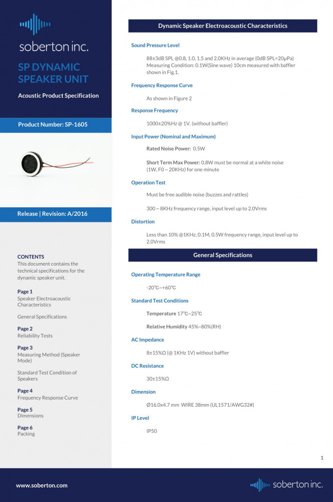 SP-1605 specification document, page 1