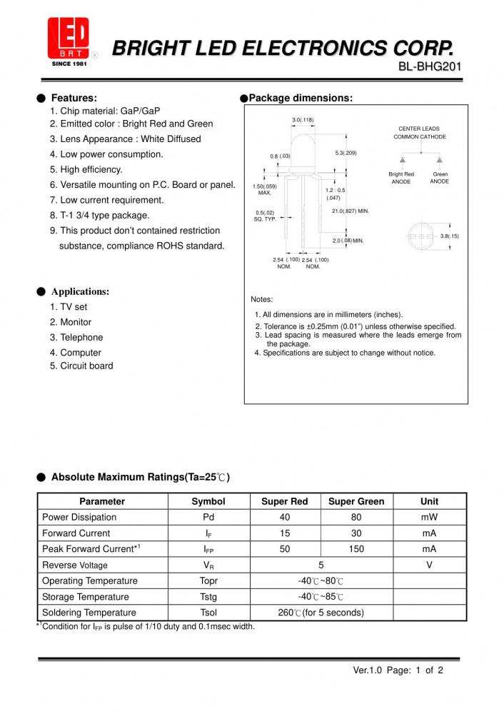 BL-BHG201 technical datasheet page 1