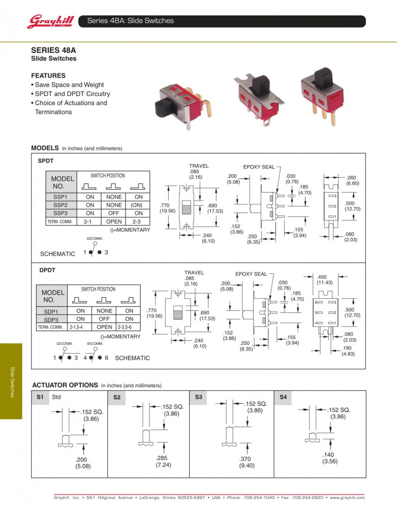 Grayhill Series 48A slide switch documentation page 1